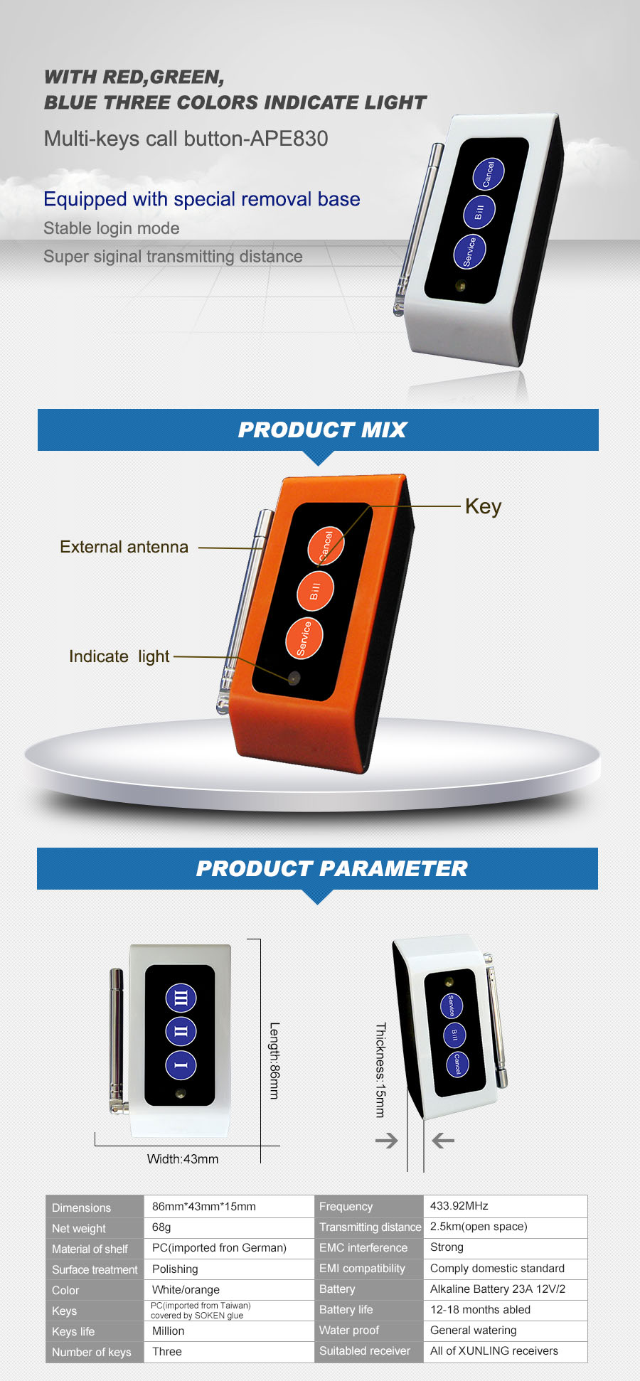 Wireless remote long distance calling bell 3 buttons with antena - Buy ...