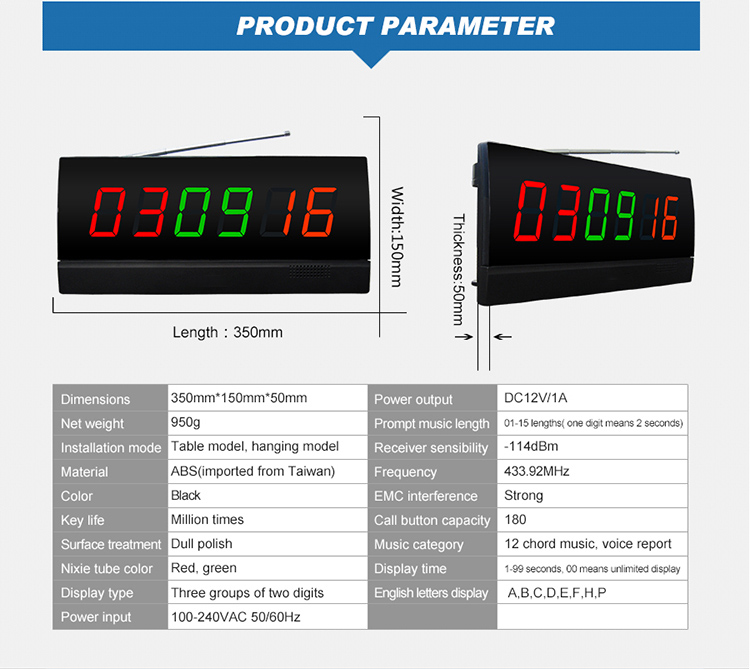 Wireless calling system number display panel screen monitor with 3 called numbers in 6 digits ...